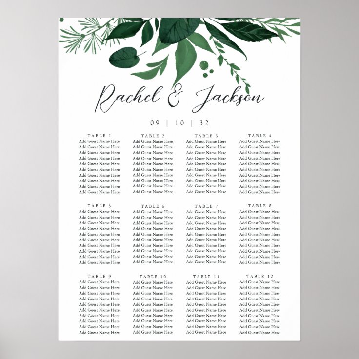 Wild Forest Green Botanical Wedding Seating Chart | Zazzle