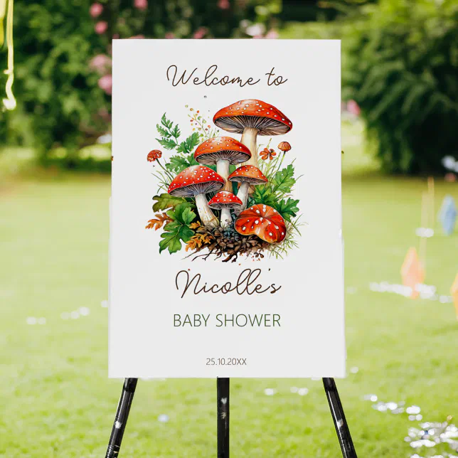 Wild forest mushrooms baby shower welcome sign | Zazzle
