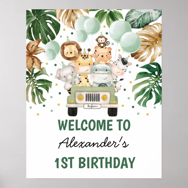 Wild Jungle Animals Greenery Gold Birthday Welcome Poster | Zazzle