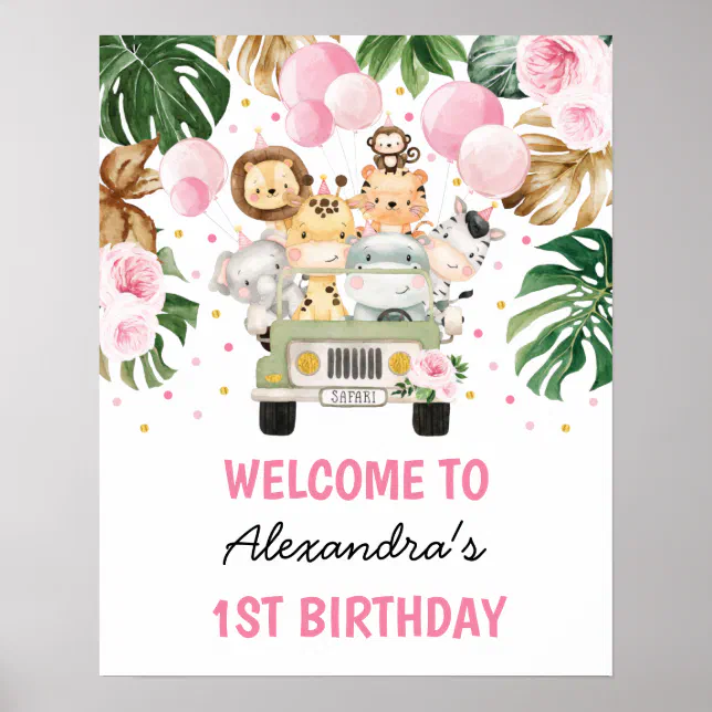 Wild Jungle Animals Pink Floral Birthday Welcome Poster | Zazzle