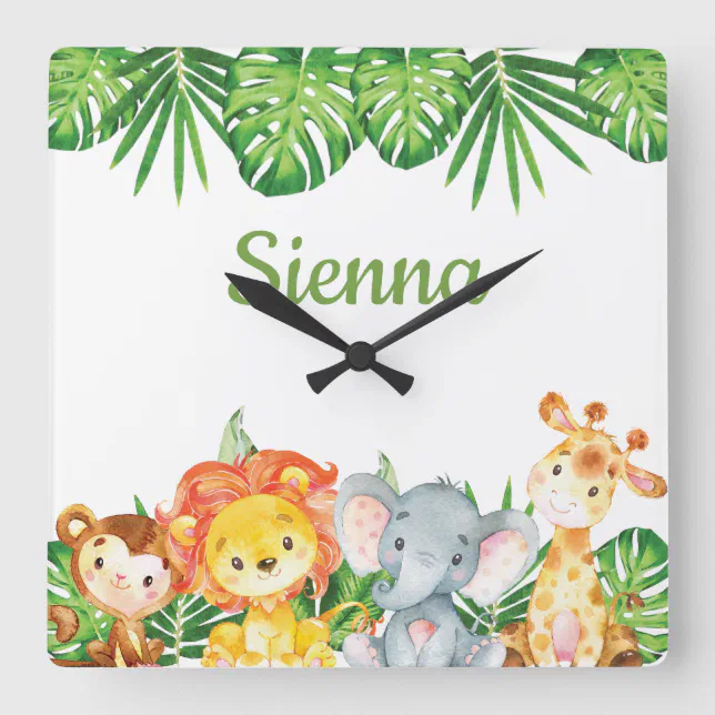 Wild Jungle Animals Safari Kids Girl Nursery Décor Square Wall Clock ...
