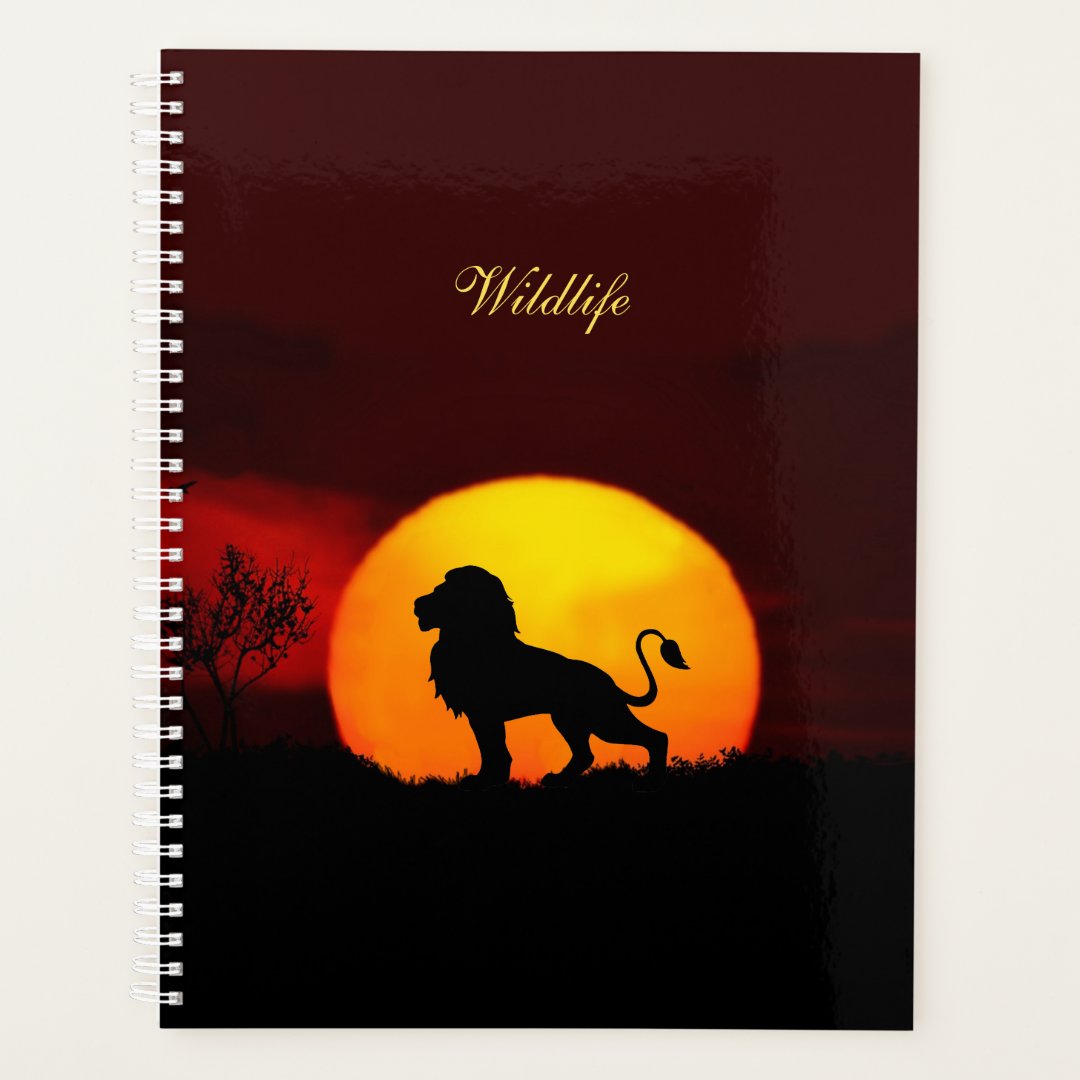 Wild lion, sunrise & calligraphy on a jungle planner | Zazzle