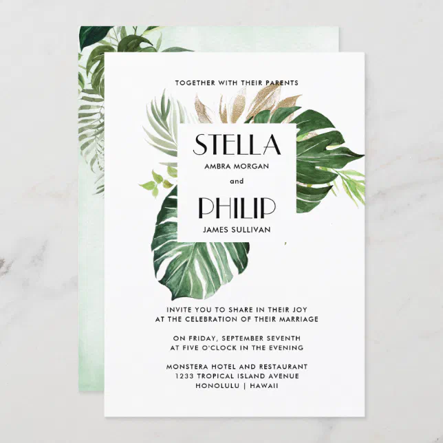 Wild monstera tropical leaves geometric wedding invitation | Zazzle