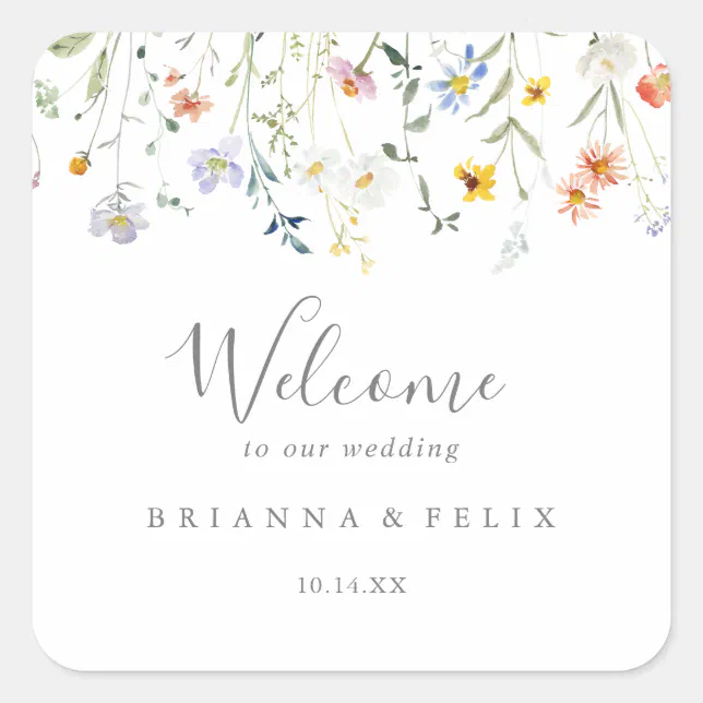 Wild Multicolor Floral Wedding Welcome Square Sticker | Zazzle