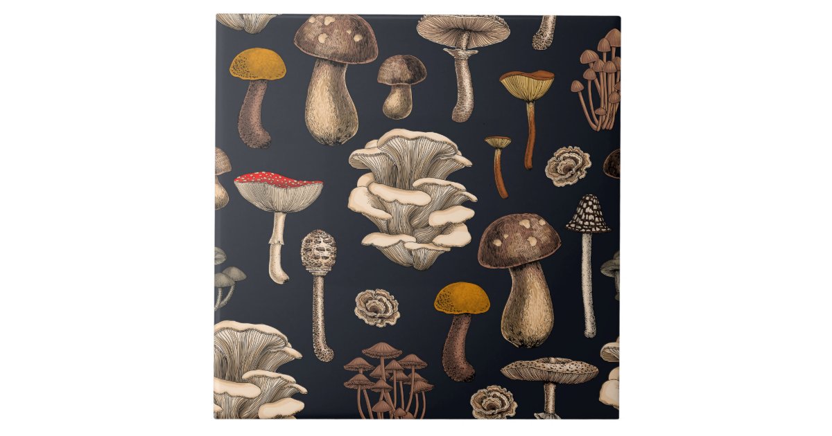 Wild Mushrooms on graphite black Ceramic Tile | Zazzle