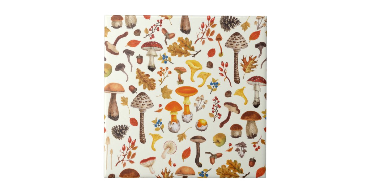 Wild mushrooms on off white ceramic tile | Zazzle