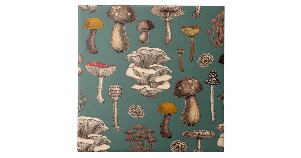 Wild Mushrooms on pine green Ceramic Tile | Zazzle