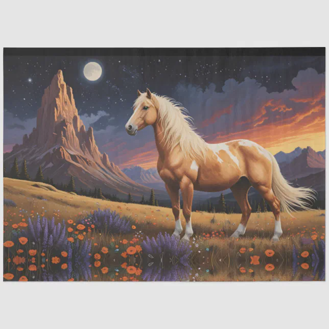 Wild mustang pinto palomino Colorful night sky Tissue Paper | Zazzle