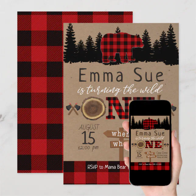 Wild One 1st Birthday Flannel Little Bear Birthday Invitation | Zazzle