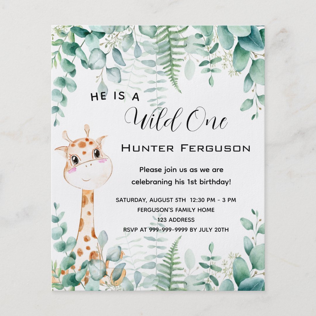 Wild one 1st birthday giraffe budget invitation flyer | Zazzle