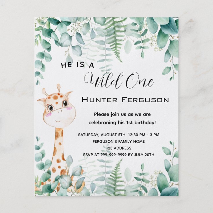 Wild one 1st birthday giraffe budget invitation flyer | Zazzle