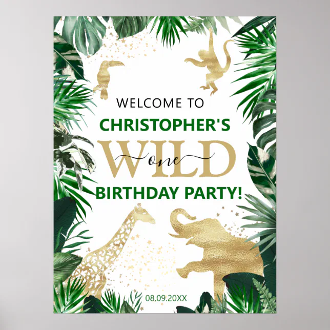 Wild One 1st Jungle Safari Birthday Welcome Poster | Zazzle