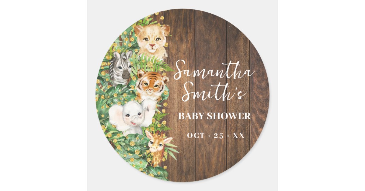 Wild One Animal Rustic Safari Gold Baby Shower Classic Round Sticker ...