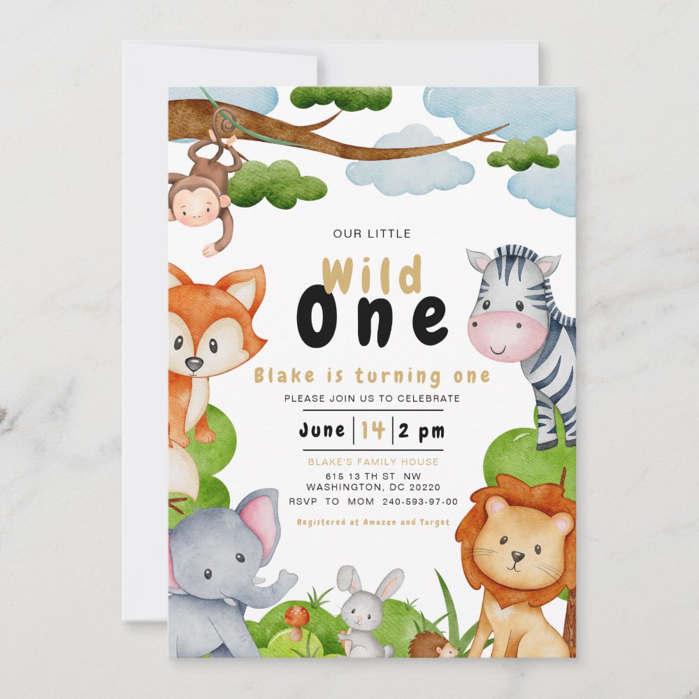 Wild One Animals First 1st Birthday Invitation - Snuggle Hamster Designs