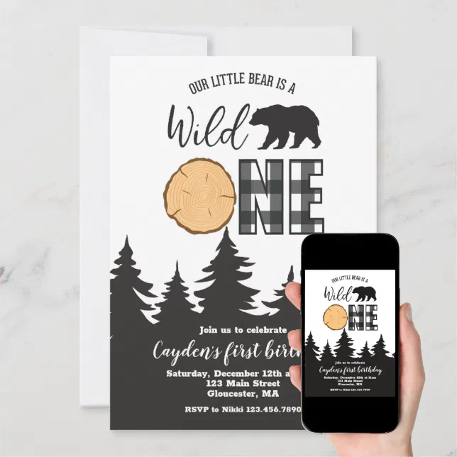 Wild One Bear Black Buffalo Plaid First Birthday Invitation | Zazzle