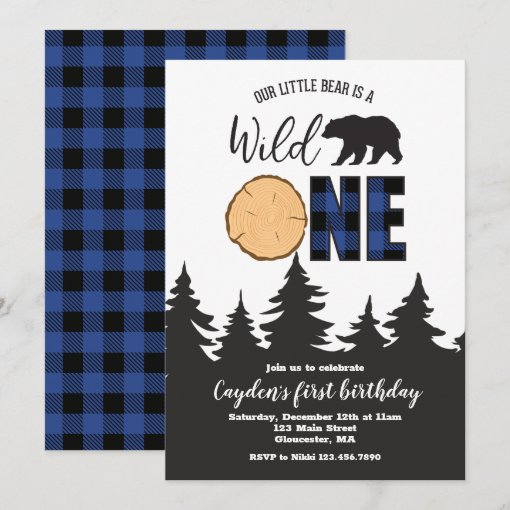 Wild One Bear Blue Buffalo Plaid First Birthday Invitation | Zazzle