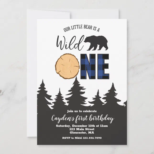 Wild One Bear Blue Buffalo Plaid First Birthday Invitation | Zazzle