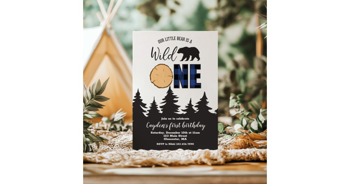 Wild One Bear Blue Buffalo Plaid First Birthday Invitation | Zazzle