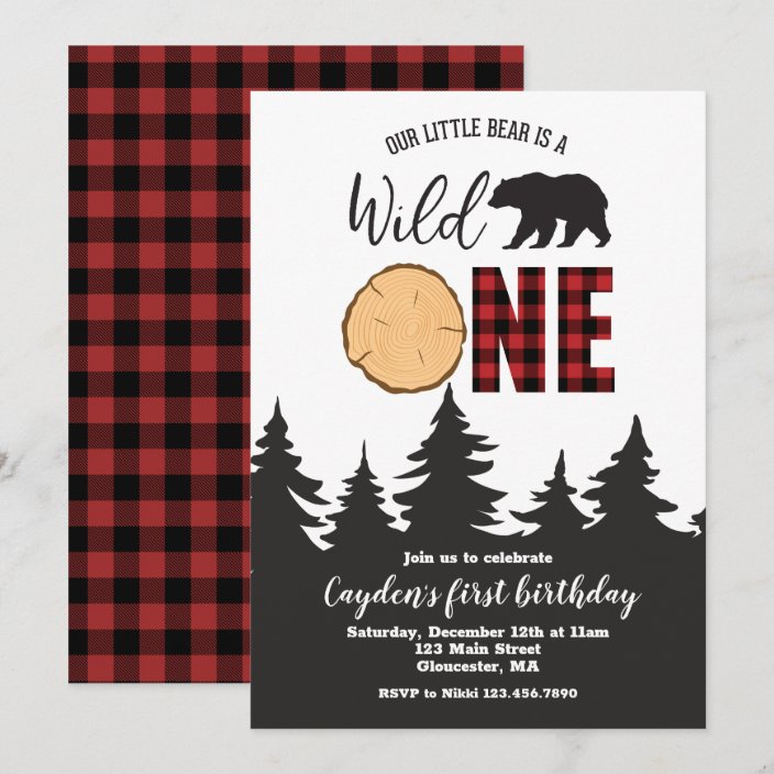 Wild One Bear Buffalo Plaid First Birthday Invitation | Zazzle.com