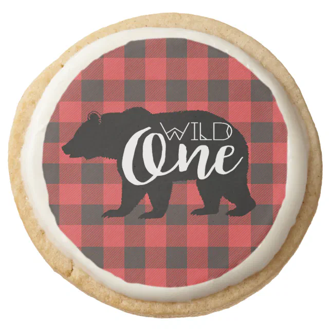 Wild One Bear | Flannel First Birthday Round Shortbread Cookie | Zazzle