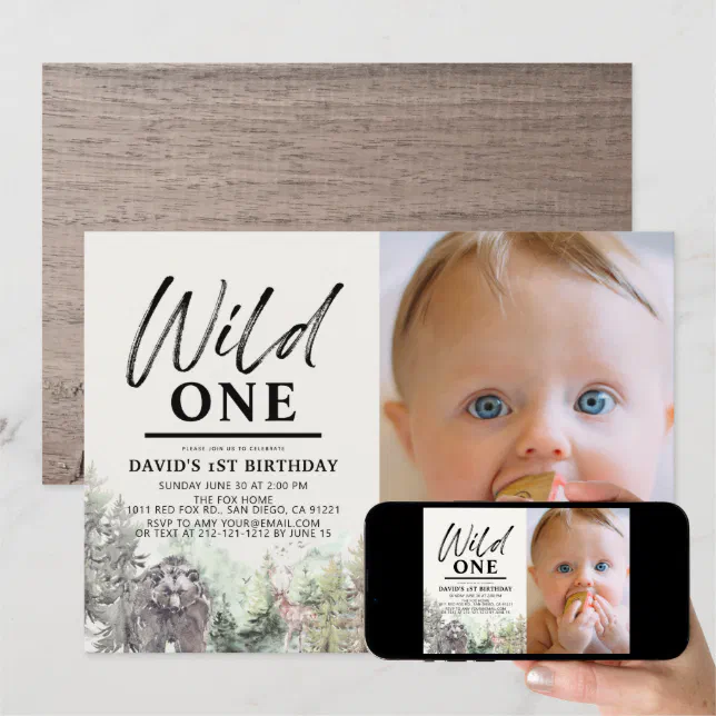Wild One Bear Forest Mountain 1st Birthday Photo Invitation | Zazzle