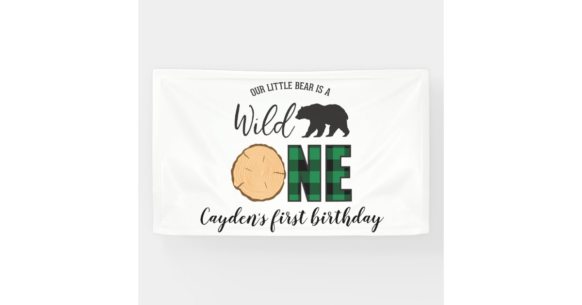 Wild One Bear green Buffalo Plaid First Birthday Banner | Zazzle
