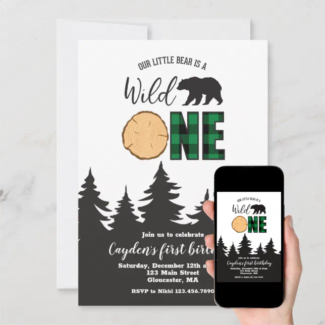 Wild One Bear Green Buffalo Plaid First Birthday Invitation | Zazzle