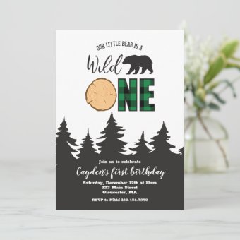 Wild One Bear Green Buffalo Plaid First Birthday Invitation | Zazzle