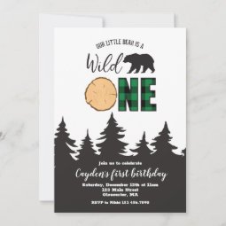 Wild One Bear Green Buffalo Plaid First Birthday Invitation | Zazzle