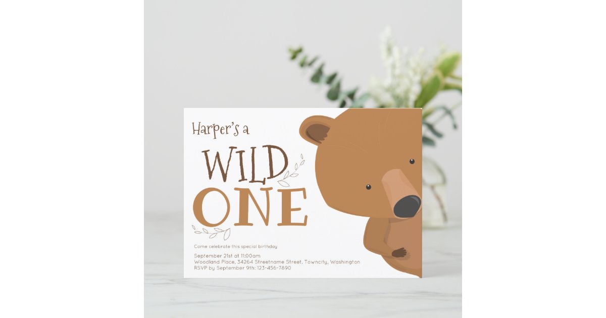 Wild One Bear Looking First Birthday Invitation | Zazzle