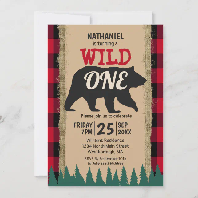 Wild One Bear Rustic Buffalo Plaid 1st Birthday Invitation | Zazzle