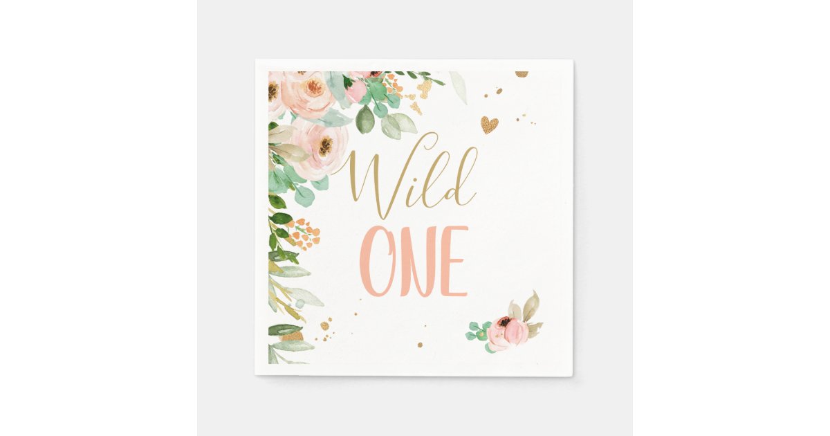Wild One Birthday Girl Floral Flowers Pink Gold Napkins | Zazzle