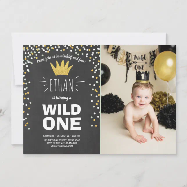 Wild One birthday invitation Boy rustic Black Gold | Zazzle