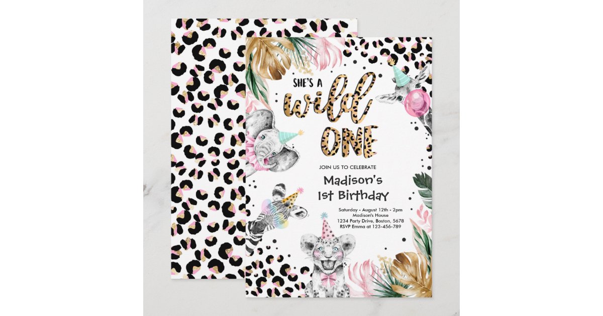 Wild One Birthday Leopard Print Safari Animals Invitation | Zazzle