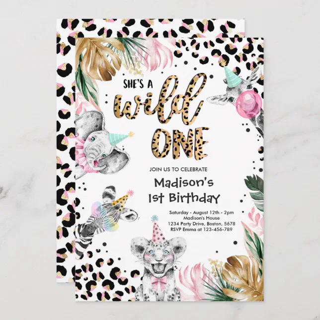 Wild One Birthday Leopard Print Safari Animals Invitation | Zazzle