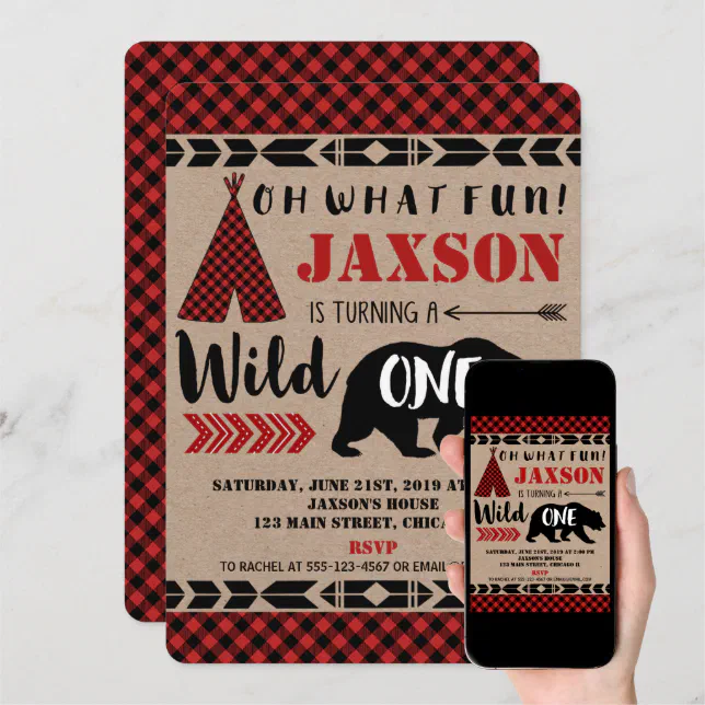 Wild one boy 1st first birthday invitation kraft | Zazzle