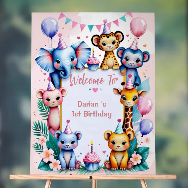 Wild One Cute Animals Balloon kids 1st Birthday Acrylic Sign | Zazzle