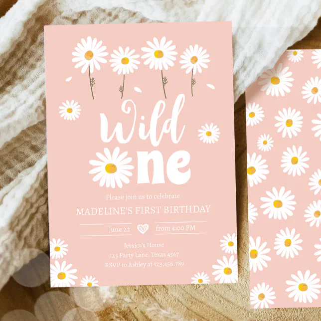Wild One Daisy Boho Retro Pink Girl First Birthday Invitation | Zazzle