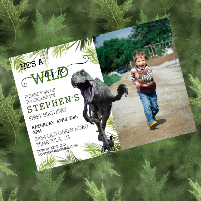 Wild One Dinosaur Jurassic Photo Raptor Birthday Invitation | Zazzle