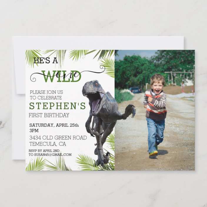 Wild One Dinosaur Jurassic Photo Raptor Birthday Invitation | Zazzle.com