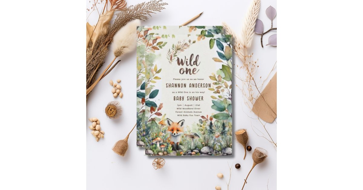 Wild One Fox Baby Woodland Animals Rustic Invitation | Zazzle