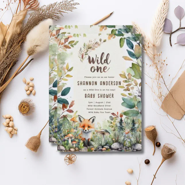 Wild One Fox Baby Woodland Animals Rustic Invitation | Zazzle