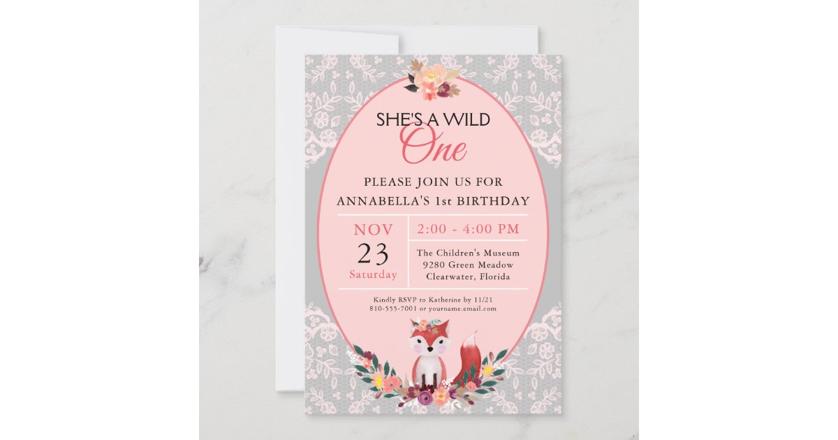 Wild ONE Fox Flowers & Lace Birthday Invitation | Zazzle