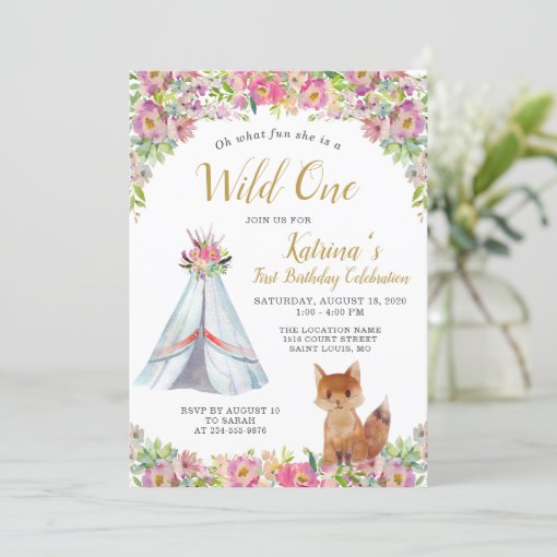 Wild One Fox Tribal Floral 1st Birthday Invitation | Zazzle