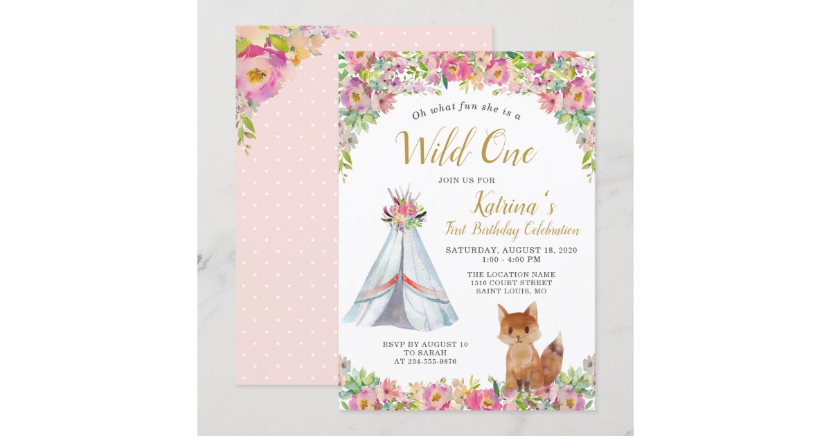 Wild One Fox Tribal Floral 1st Birthday Invitation | Zazzle