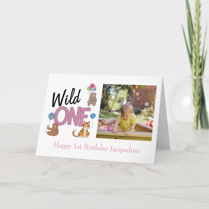 Wild One Girl First Birthday Jungle Animals Photo Card | Zazzle.com