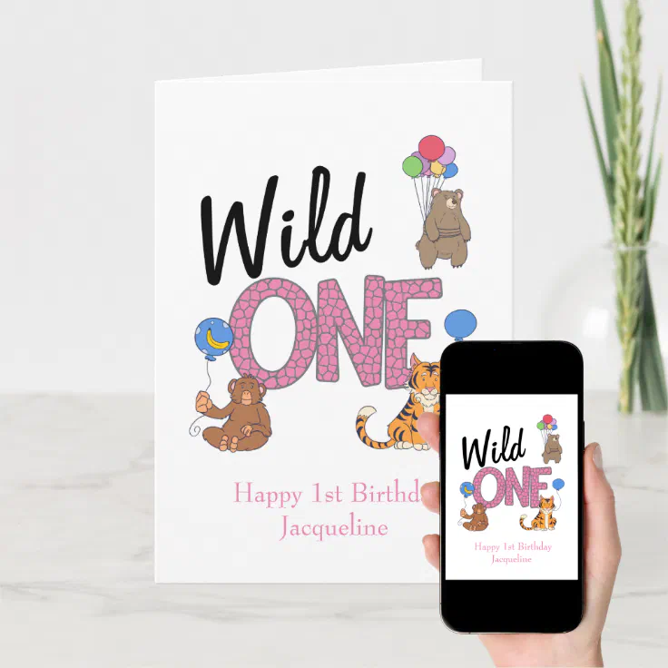 Wild One Girl First Birthday Safari Jungle Animals Card | Zazzle