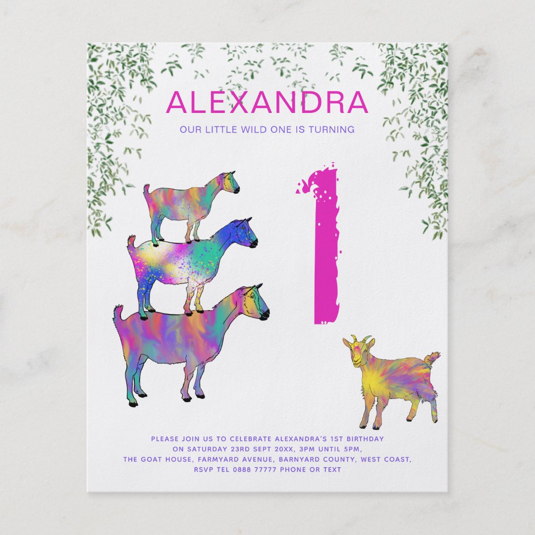 Wild One Girls Goats 1st Birthday Party Budget Flyer | Zazzle