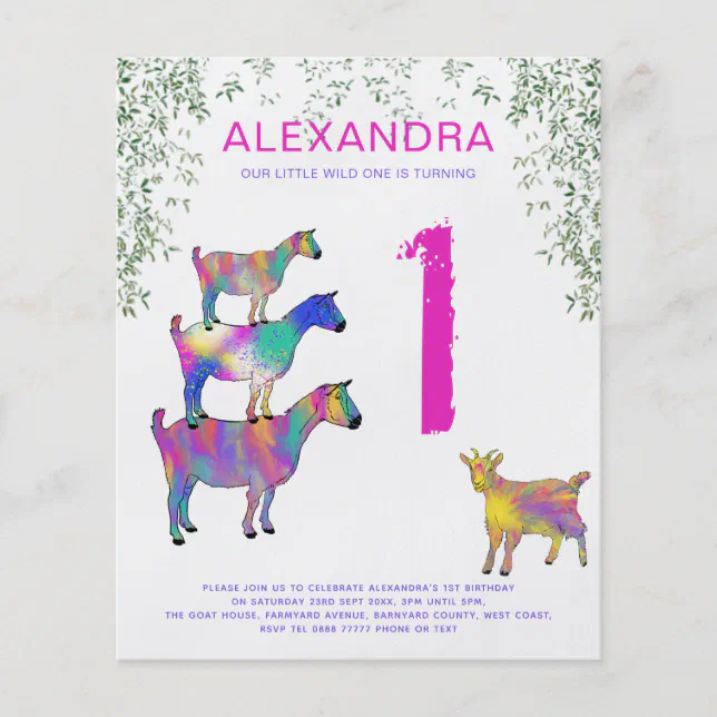Wild One Girls Goats 1st Birthday Party Budget Flyer | Zazzle