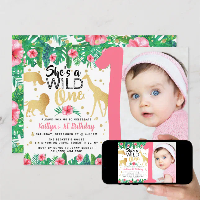 Wild One Girls Photo First Birthday Invitations | Zazzle